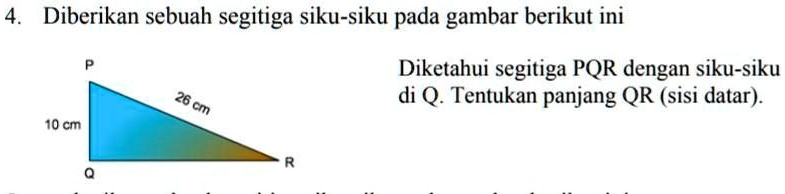 SOLVED: diketahui segitiga PQR dengan siku siku di Q. tentukan panjang ... SOLVED: diketahui segitiga PQR dengan siku siku di Q. tentukan panjang ...