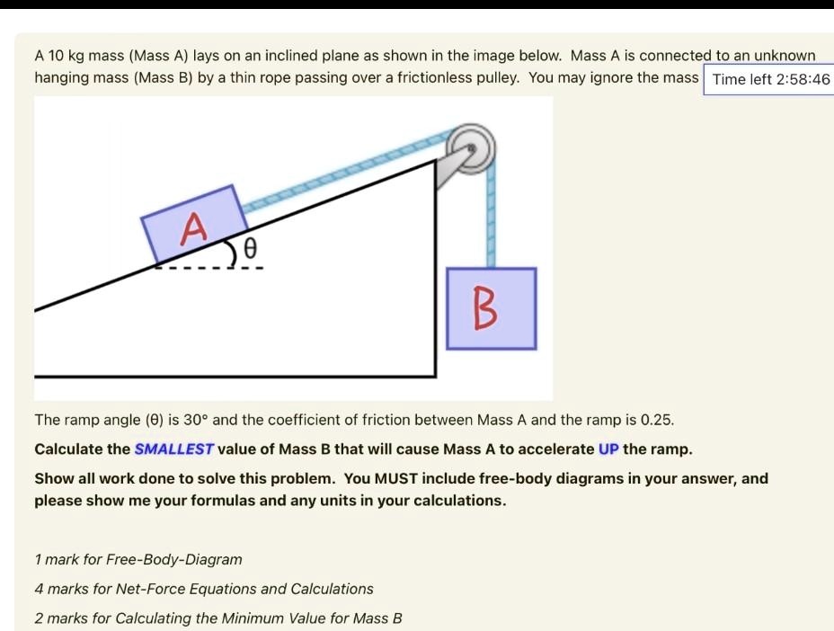 SOLVED: Texts: A 10 kg mass (Mass A) lays on an inclined plane as shown ...