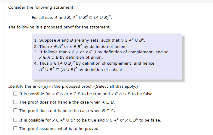 SOLVED: Consider the following statement. For all sets A and B, A^C∪ B ...