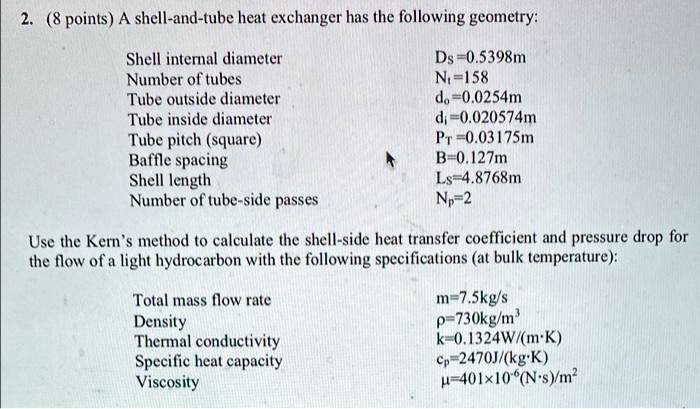 SOLVED: Calculate the shell side Reynolds number only (8 points) A ...