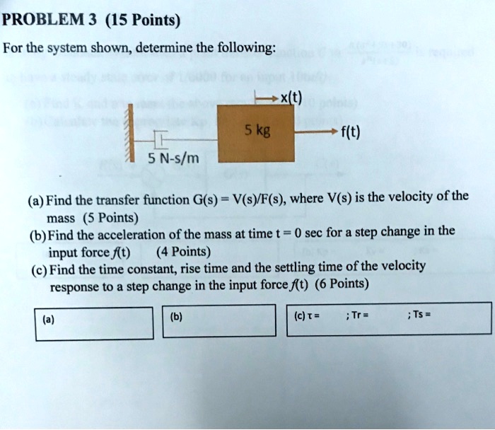 SOLVED: PROBLEM 3 (15 Points) For the system shown, determine the following: x(t) 5kg >f(t) F 5 ...