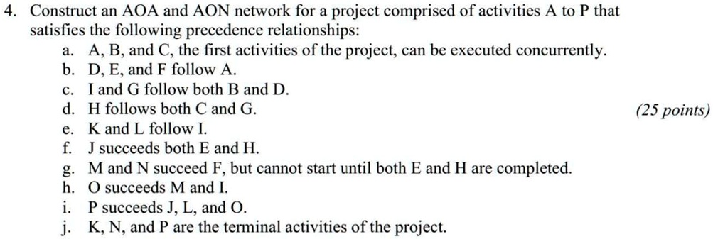 4. Construct an AOA and AON network for a project comprised of activities A to P that satisfies ...