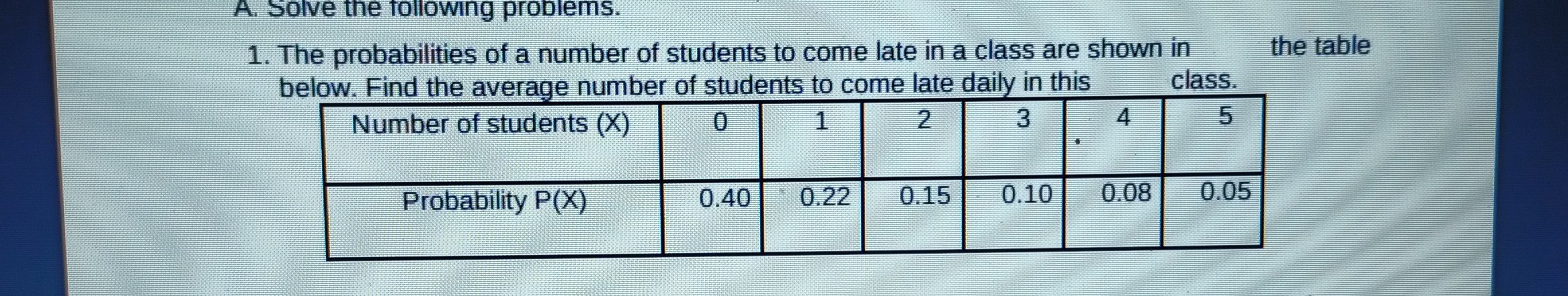 SOLVED: A. Solve the following problems. 1. The probabilities of a number of students to come ...
