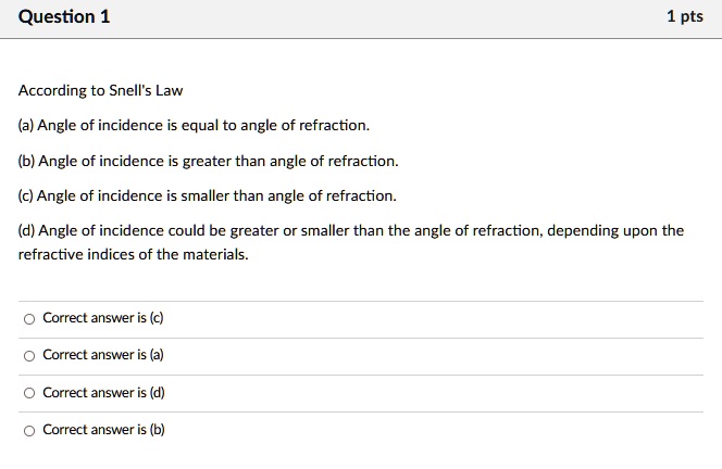 Question 1 1 pts According to Snell's Law (a) Angle of incidence is equal to angle of refraction ...