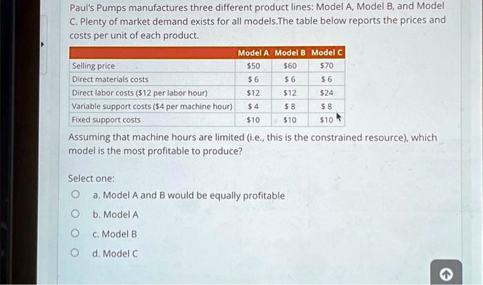 SOLVED: Paul's Pumps manufactures three different product lines: Model A, Model B, and Model C ...