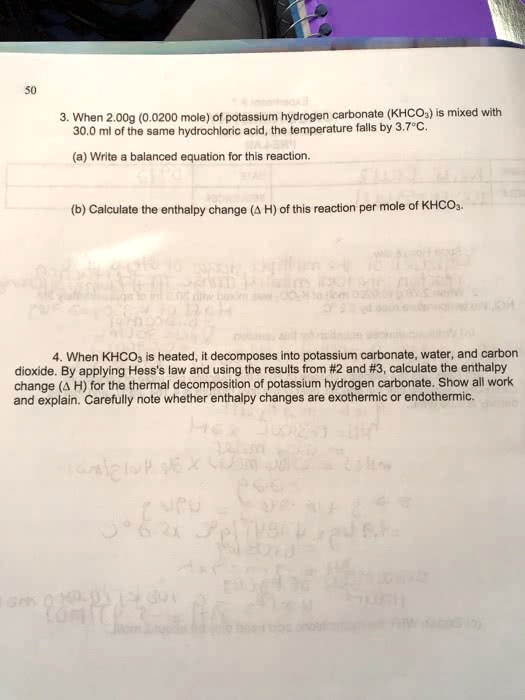 SOLVED: 50.3. When 2.00g (0.0200 mole) of potassium hydrogen carbonate ...