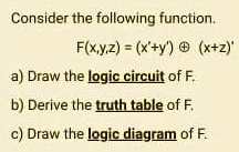 SOLVED: Consider the following function: F(x, y, z) = x + y + x * z a) Draw the logic circuit of ...