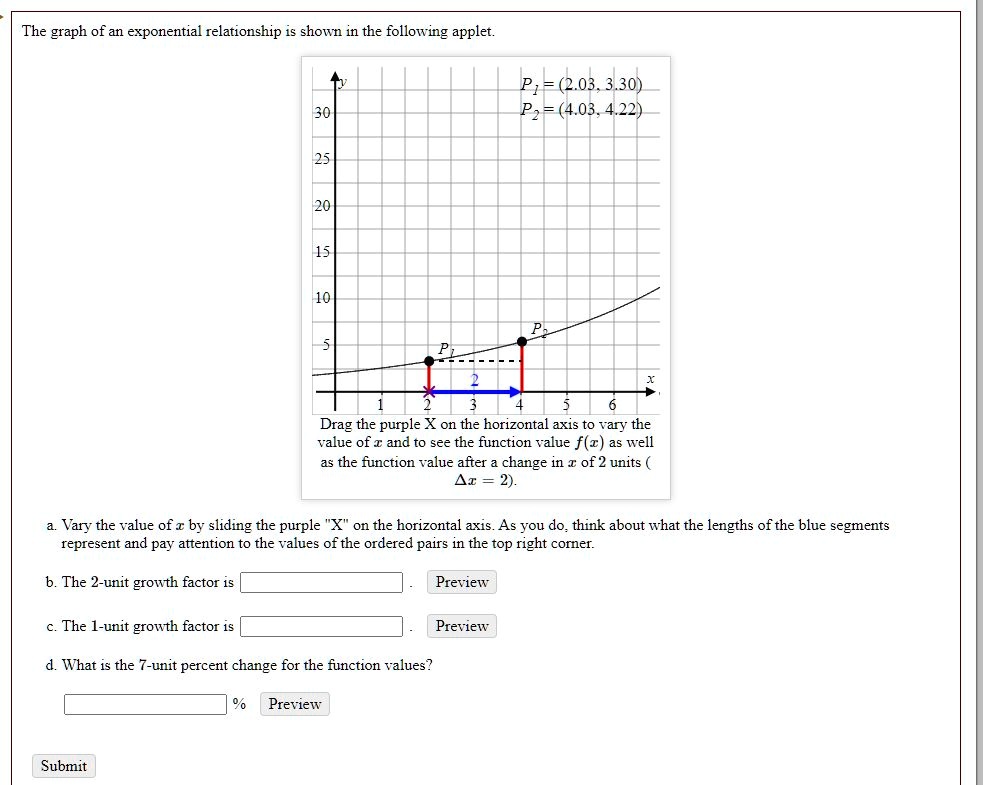 SOLVED: The graph of an exponential relationship is shown in the following applet. P1 = (2.03, 3 ...