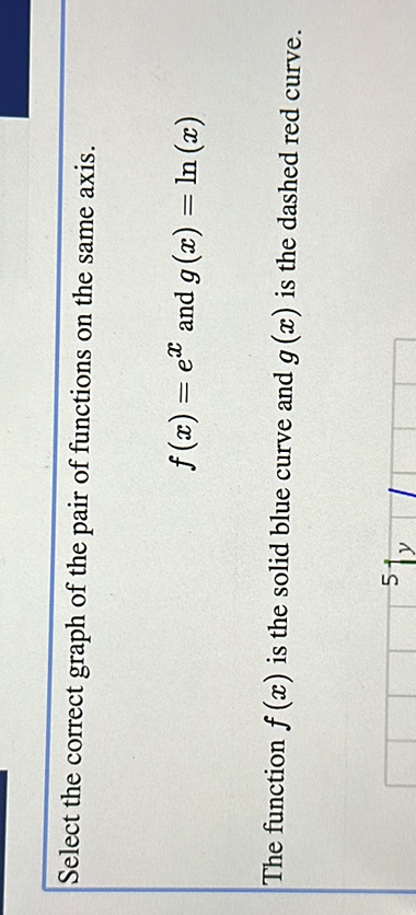 SOLVED: Select the correct graph of the pair of functions on the same axis. f(x)=e^x and g(x)=ln ...
