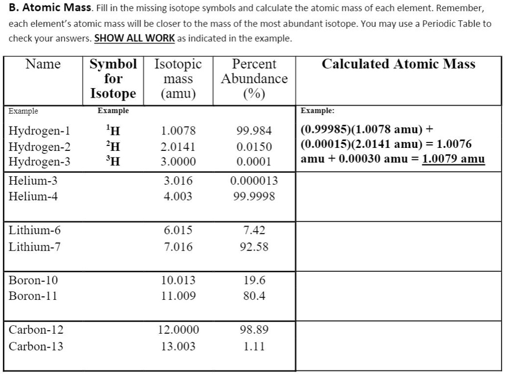 SOLVED: B. Atomic Mass. Fill in the missing isotope symbols and ...