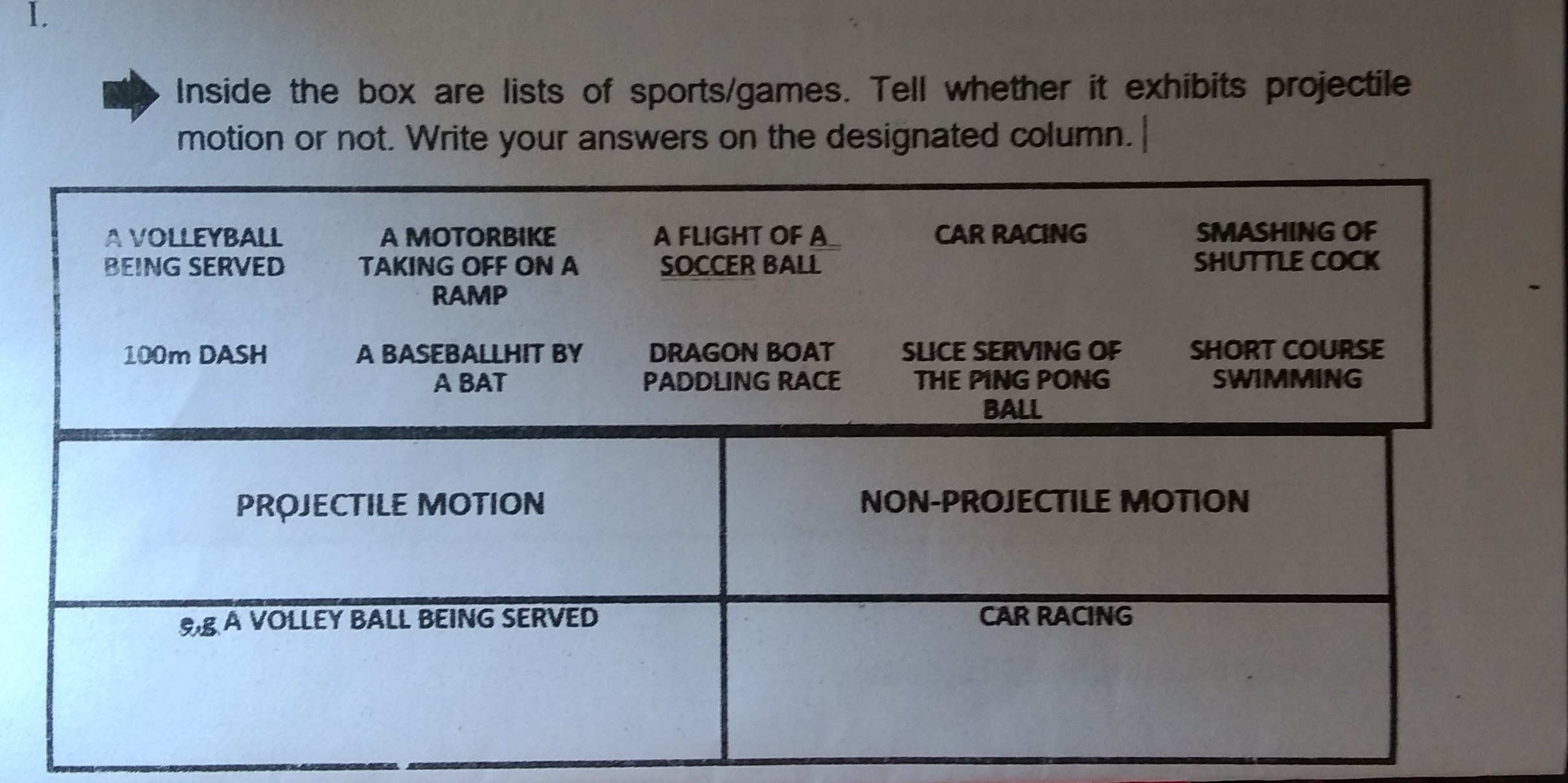 SOLVED: Inside the box are lists of sports/games. Tell whether it ...