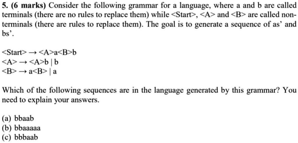 SOLVED: Consider the following grammar for a language, where a and b are called terminals. There ...