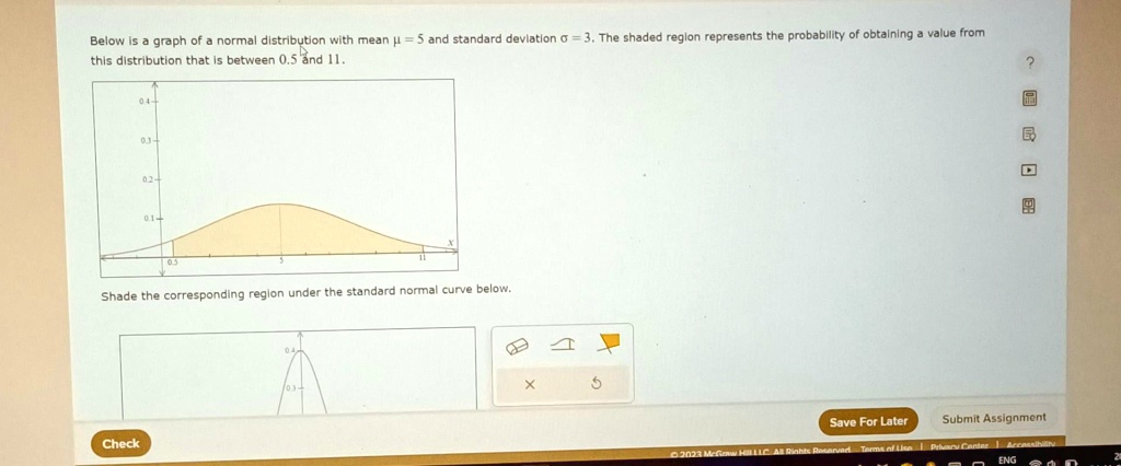 SOLVED: Below is a graph of a normal distribution with mean = 5 and ...