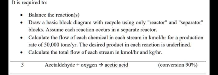 SOLVED: It is required to: Balance the reaction(s). Draw a basic block diagram with recycle ...