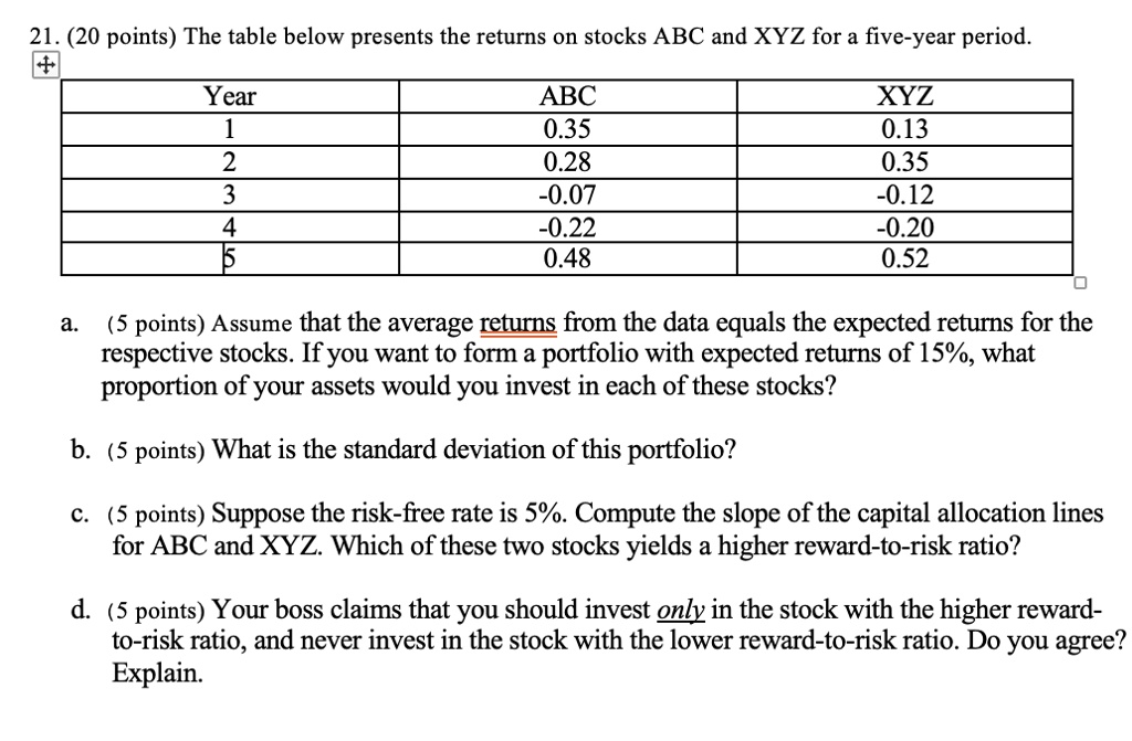 SOLVED: 21. (20 points) The table below presents the returns on stocks ...