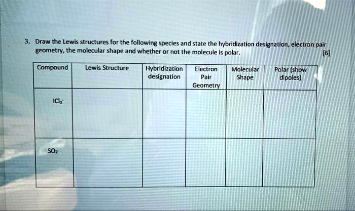 SOLVED: Text: Draw the Lewis structures for the following species and state the hybridization ...