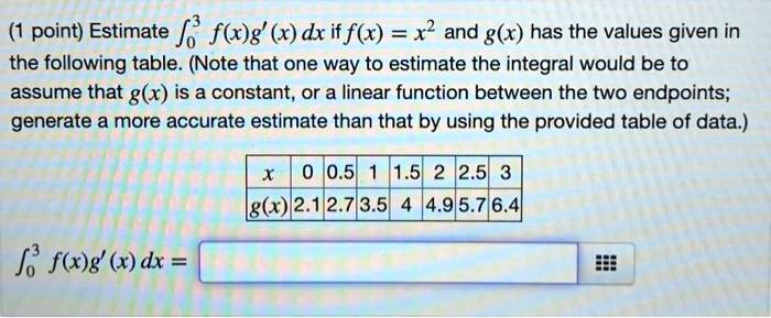 point estimate j3 fxg x dx if fx x and gx has the values given in the ...