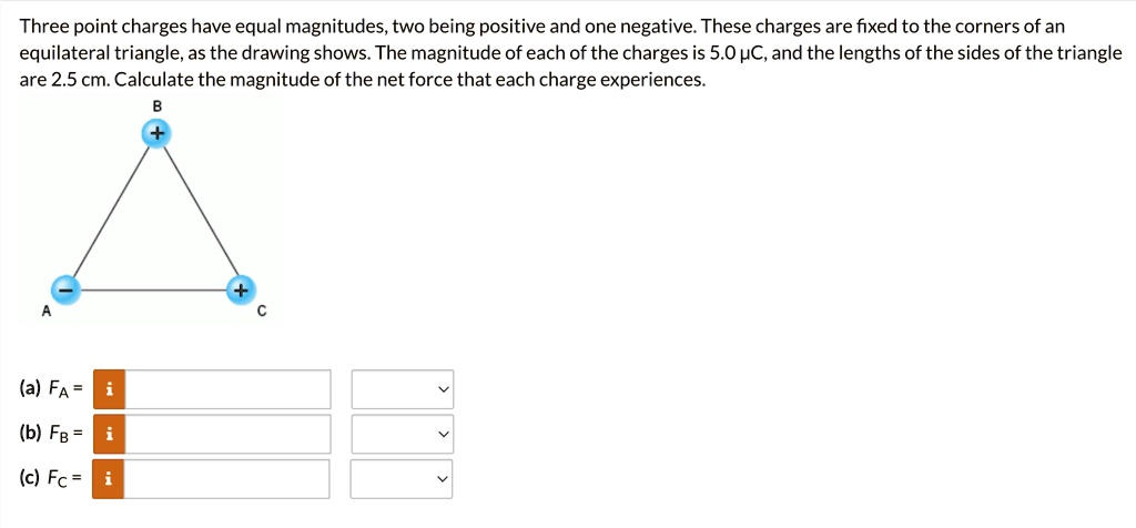 three point charges have equal magnitudes two being positive and one negative these charges are ...