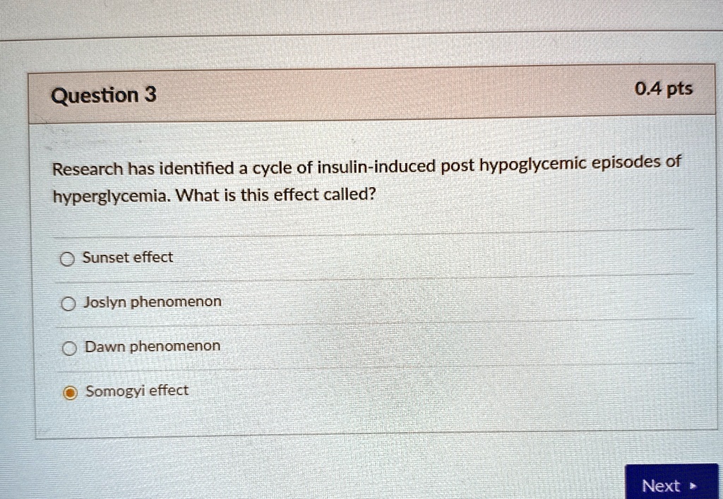 Question 3 0.4 pts Research has identified a cycle of insulin-induced ...