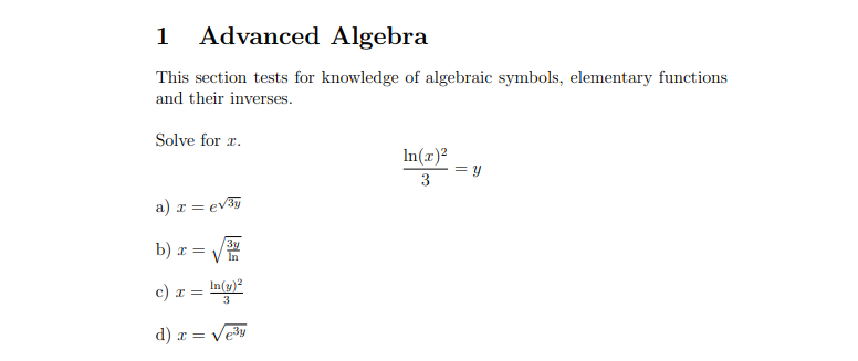 1 Advanced Algebra This section tests for knowledge of algebraic ...