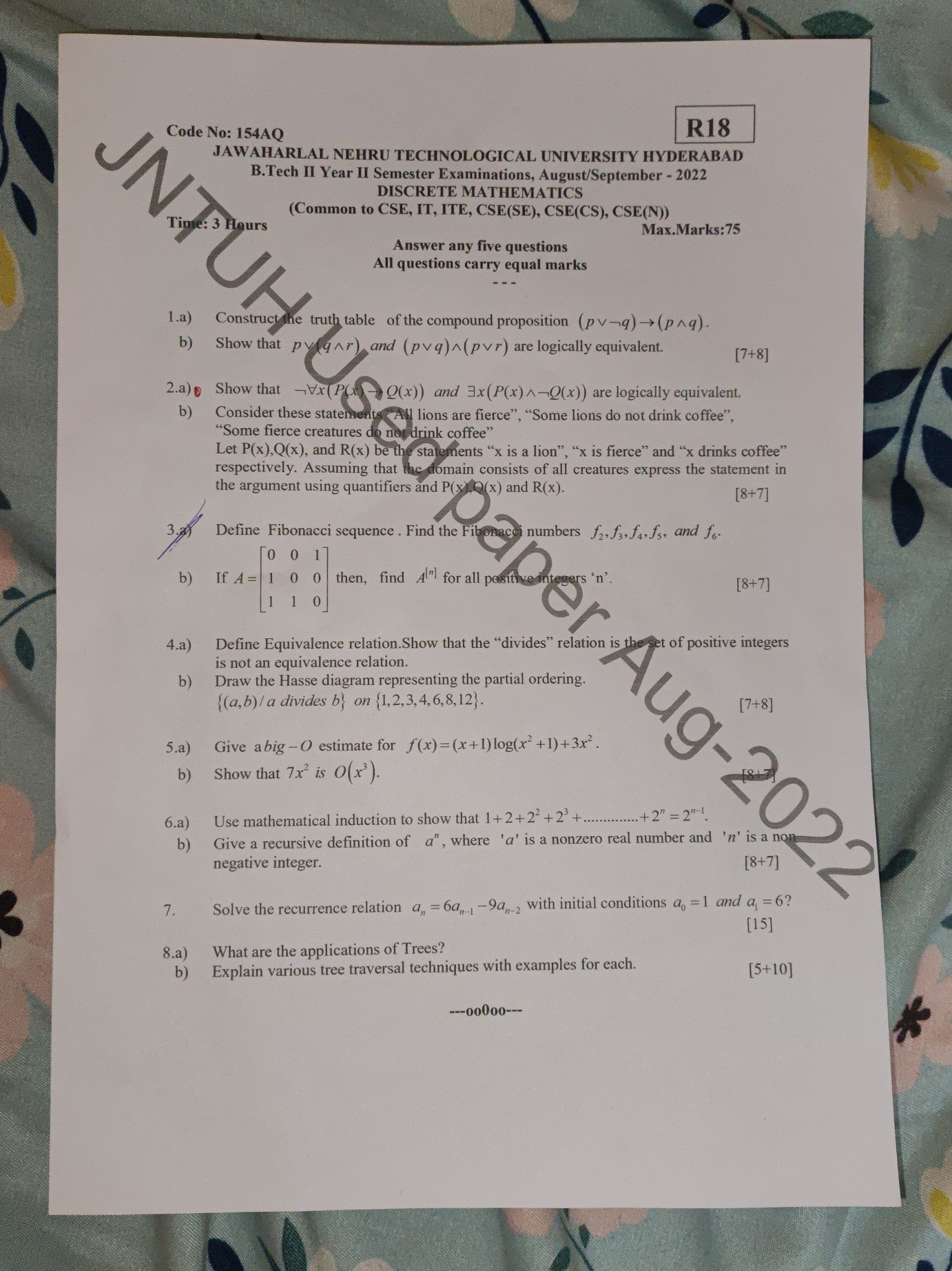 SOLVED: Code No: 154AQ R18 JAWAHARLAL NEHRU TECHNOLOGICAL UNIVERSITY HYDERABAD B.Tech II Year II ...