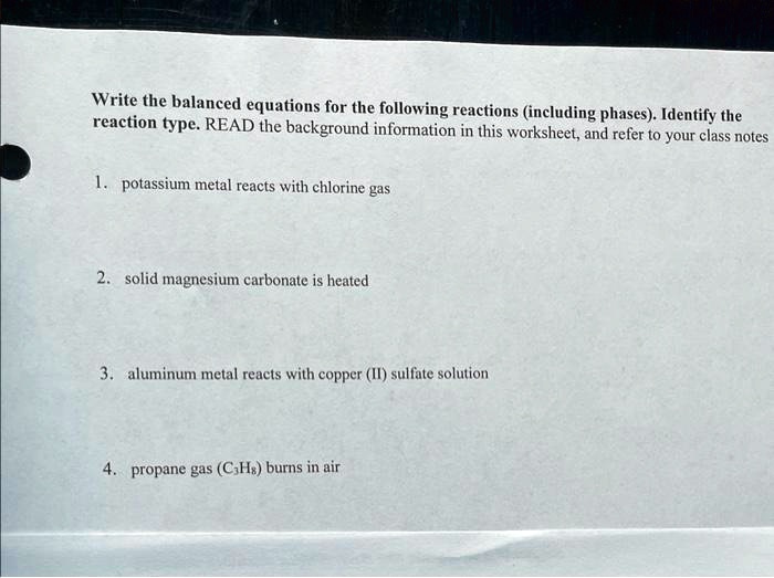 Write the balanced equations for the following reactions (including ...