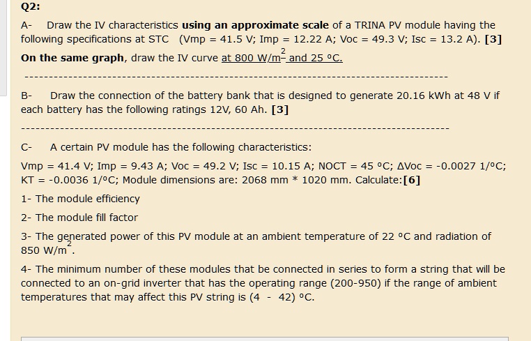 SOLVED: Q2: A- Draw the IV characteristics using an approximate scale of a TRINA PV module ...