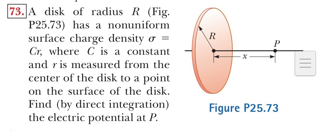 SOLVED: 73. A disk of radius R (Fig. P25.73) has a nonuniform surface charge density σ= C r ...