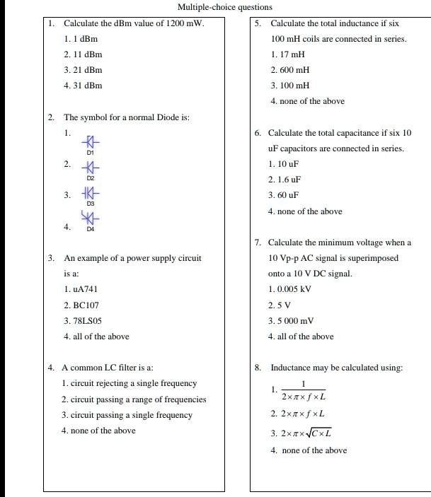 Multiple-choice questions 1. Calculate the dBm value of 1200 mW. 1. 1 dBm 2. 11 dBm 3. 21 dBm 4 ...