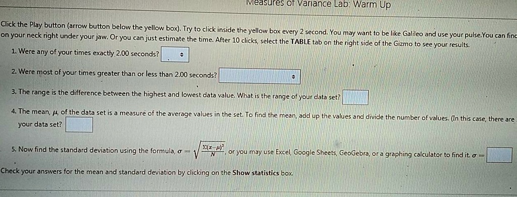 ieasures orivariance labwwarm up click the play button arrow button ...