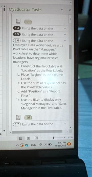 Myeducator Tasks 11 14 Using The Data On The 15 Using The Data On The 16 Using The Data On 