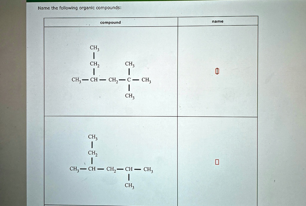 name the following organic compounds compound ch3 ch2 ch3 ch3 ch ch2 c ch3 ch3 name ch3 ch2 ch3 ...