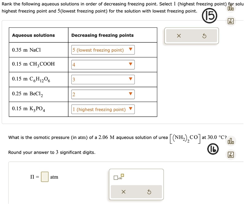 SOLVED: Rank the following aqueous solutions in order of decreasing freezing point. Select 1 ...