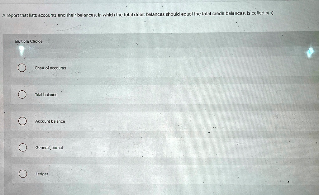 A report that lists accounts and their balances, in which the total ...