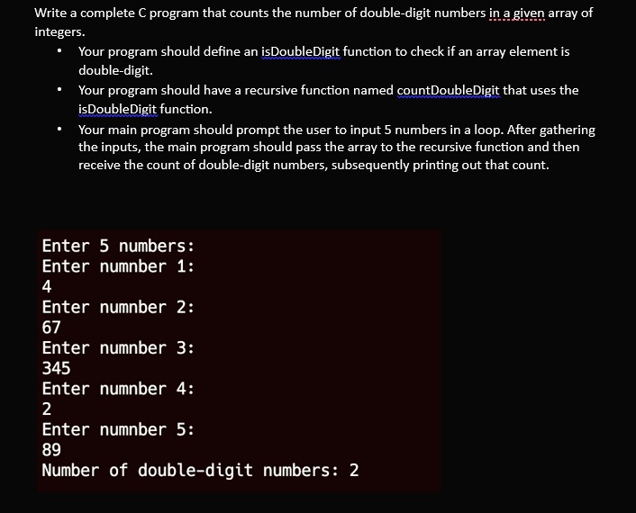Write A Complete C Program That Counts The Number Of Double Digit Numbers In A Given Array Of
