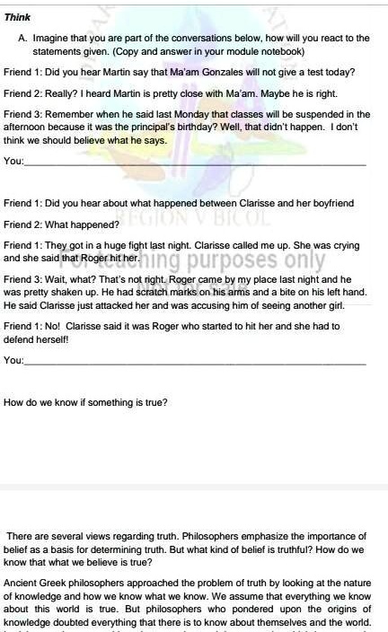 SOLVED: Text: "Think. Imagine that you are part of the conversations ...