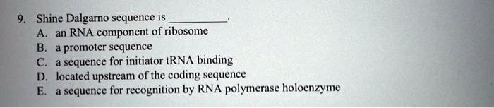 SOLVED:Shine Dalgarno sequence is an RNA component of ribosome a ...