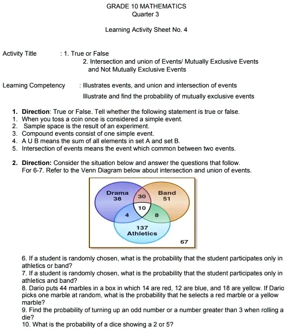SOLVED: GRADE 10 MATHEMATICS Quanter Learning Activity Sheet No: Activity Title True or False 2 ...