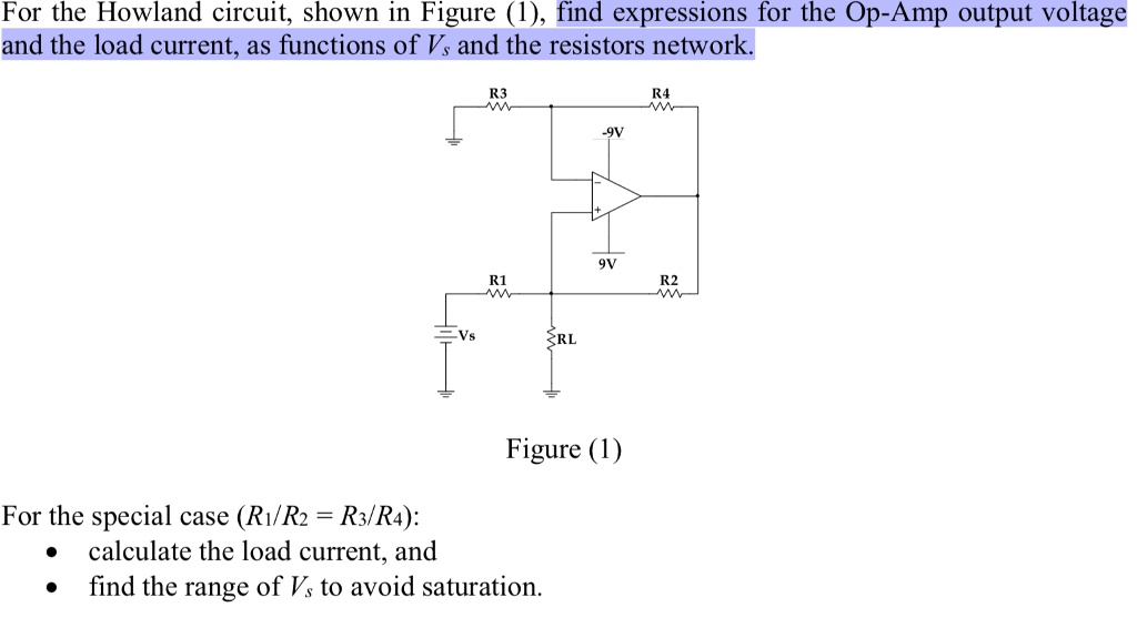 SOLVED: Text: All in terms of Vs, R1, R2, R3, R4, and RL For the Howland circuit, shown in ...