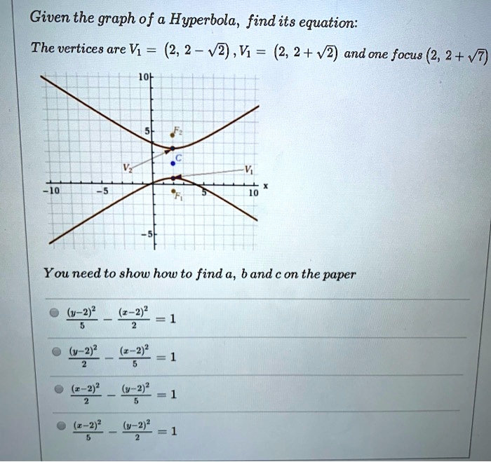 SOLVED: Given the graph of a Hyperbola, find its equation: The vertices are V1 (2, 2 - âˆš2), V2 ...