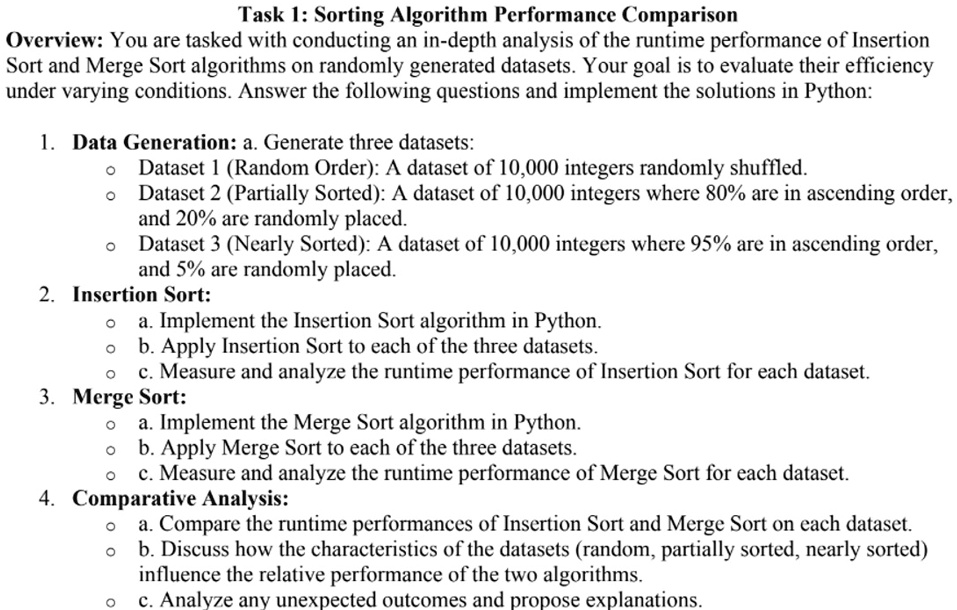 Solved Task 1 Sorting Algorithm Performance Comparison Overview You Are Tasked With 7390