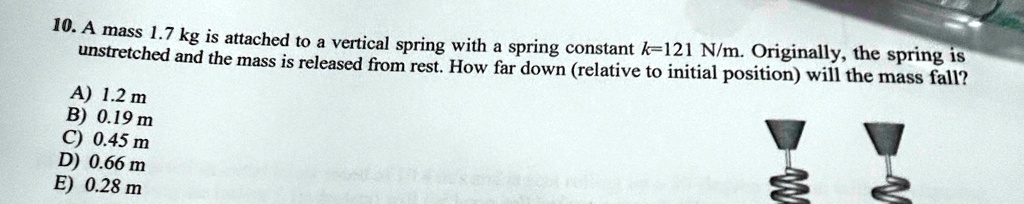 SOLVED: A mass 1.7kg is attached to a vertical spring with a spring constant k=121(N)/(m ...