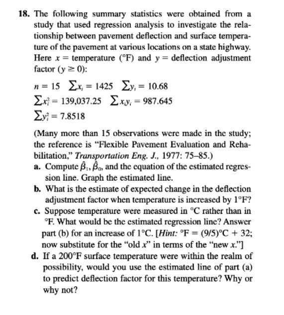 SOLVED: a. Use the summary quantities from exercise 18 to estimate the ...