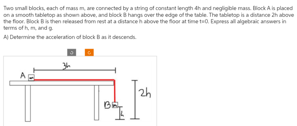 Two small blocks, each of mass m, are connected by a string of constant length 4 h and ...