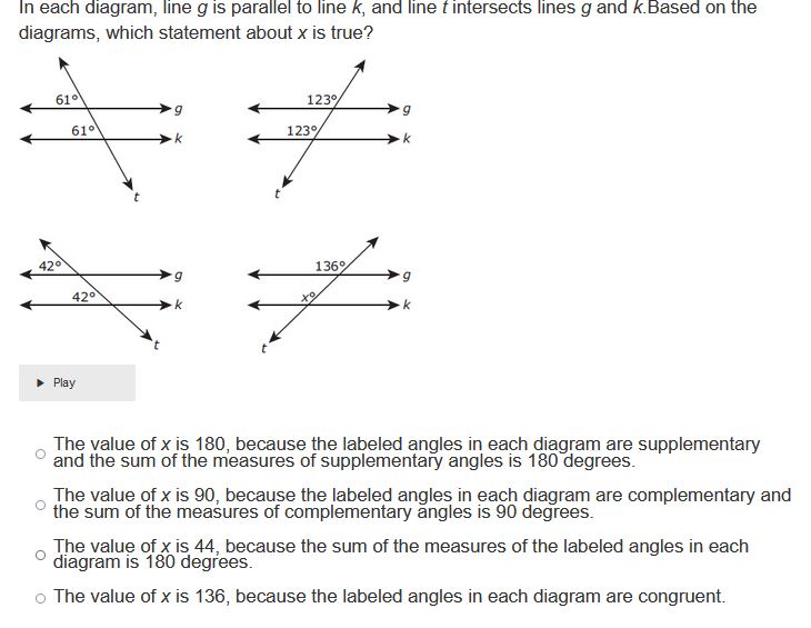 SOLVED: In each diagram, line g is parallel to line k, and line t intersects lines g and k ...