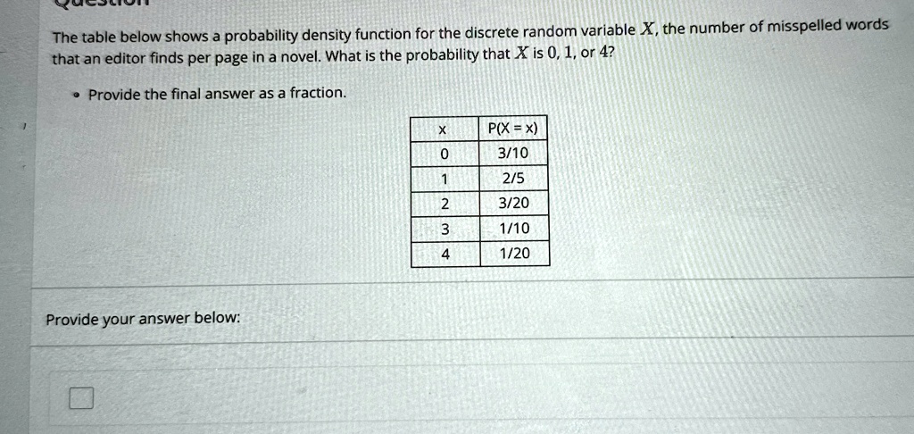 The table below shows a probability density function for the discrete random variable X, the ...