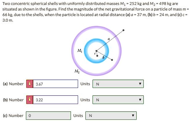 SOLVED: Two concentric spherical shells with uniformly distributed masses M1 252kg and Mz = 498 ...