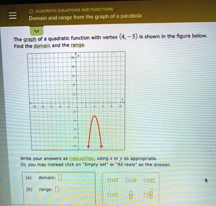 Quadratic Equations And Functions Domain And Range From The Graph Of A 3163