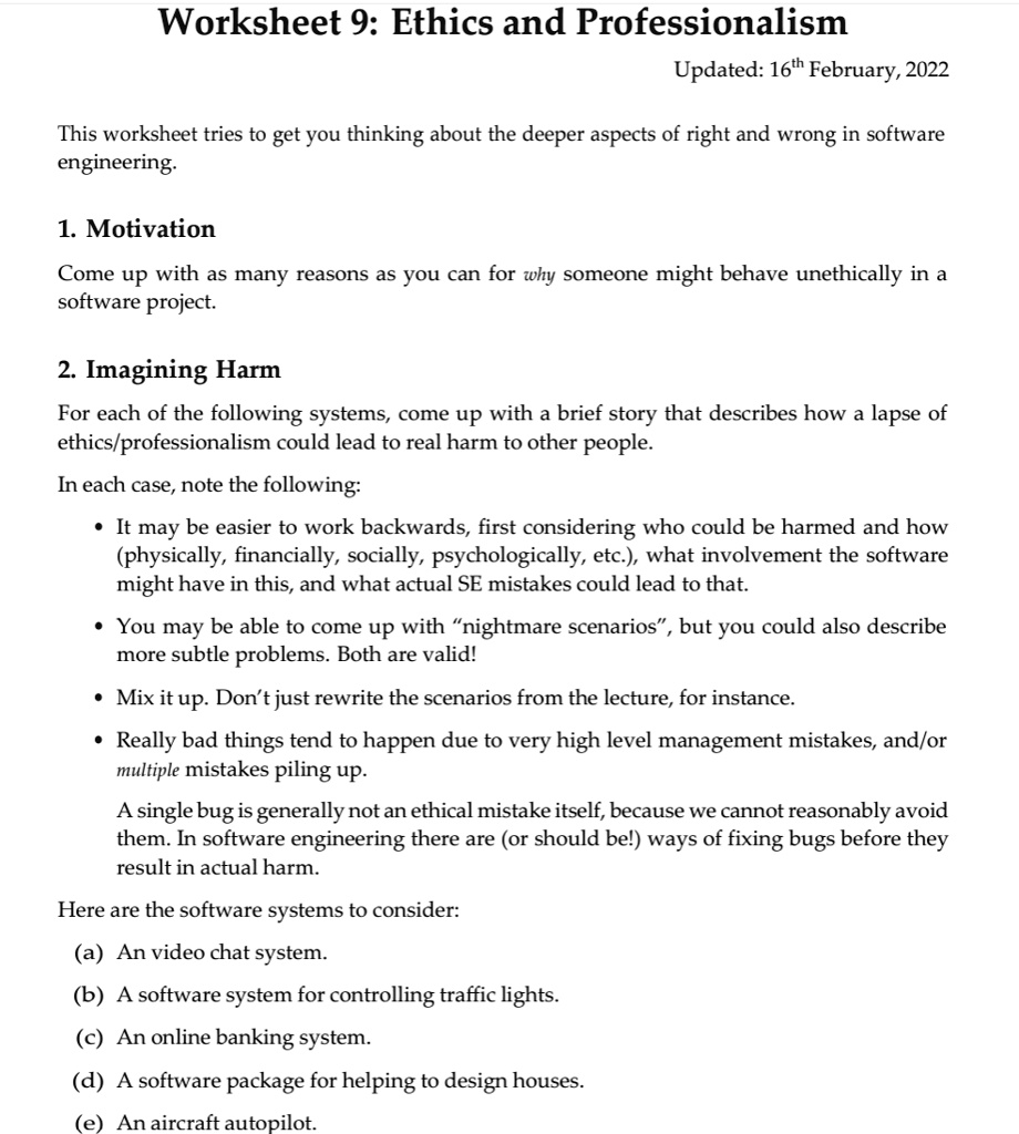 SOLVED: Worksheet 9: Ethics and Professionalism Updated: 16th February ...