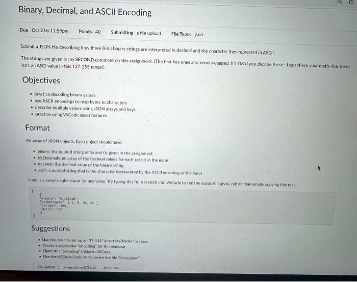 Solved Binary Decimal And Ascii Encoding Due Oct 2 By 1159pm Points 40 Submitting A File
